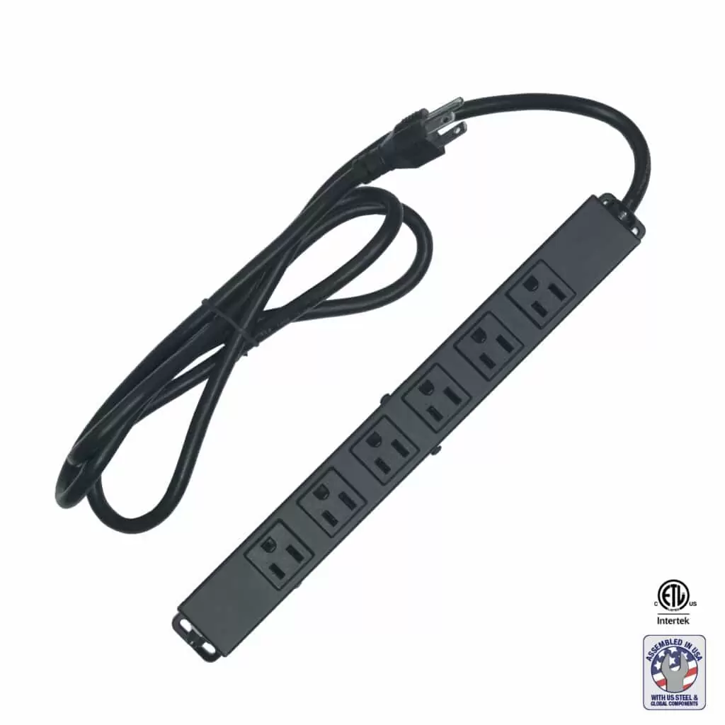 12" Power Strip | 6 (15A) Outlets, Wall Wart Spacing | Lowell Manufacturing